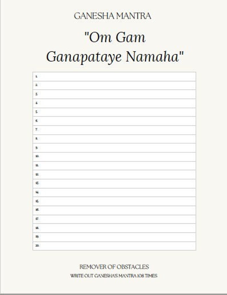 Ganesha Mantra, Write 108 Times, Print on Demand, Remover of Obstacles ...