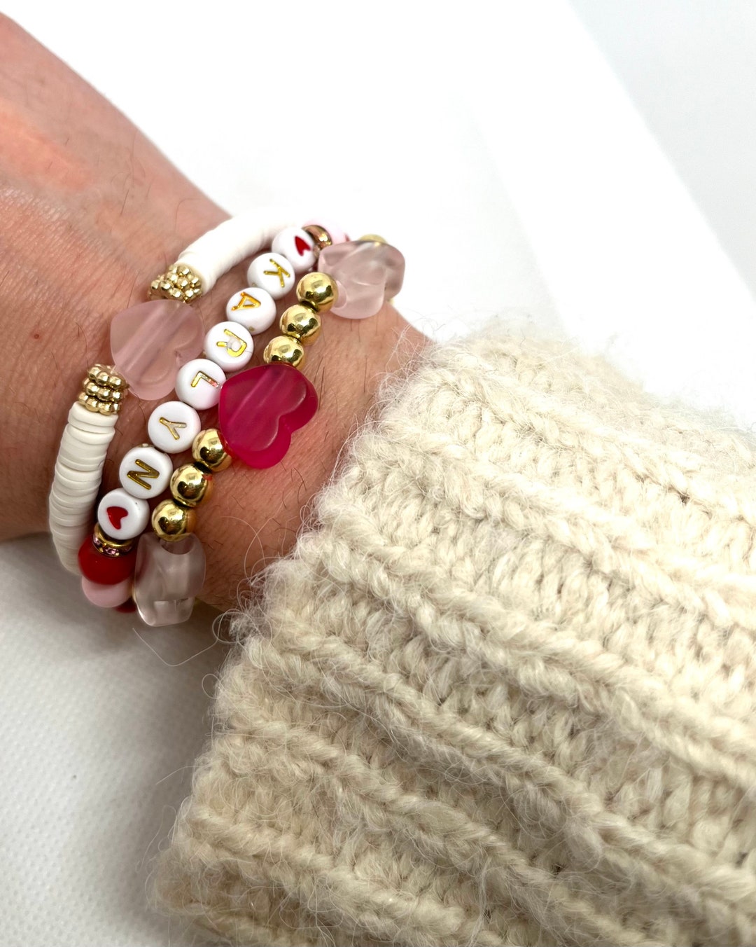 Valentine Bracelet Stack, Girls Valentine Bracelets, Gold & Pink Heart ...