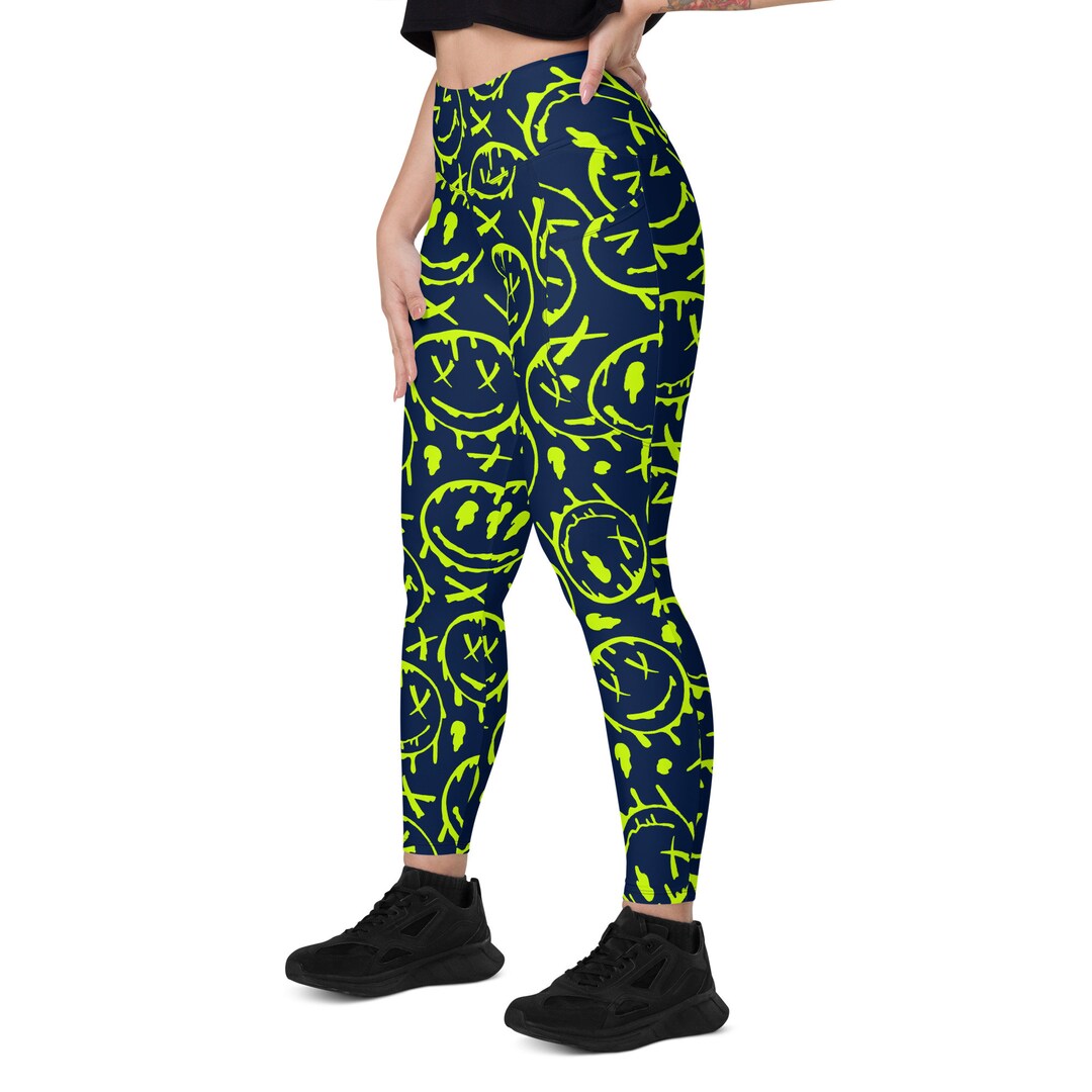 Dripping Smiley Pocket Yoga Pants Abstract Leggings Smiley Print ...