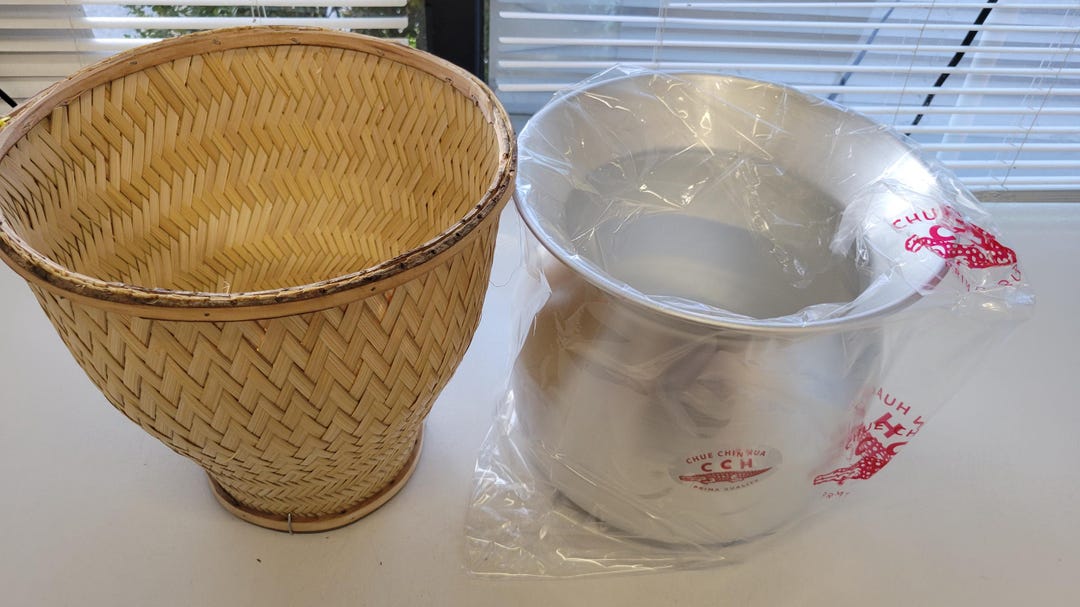 Premium Set of Sticky Rice Steamer Pot and Handmade Bamboo Basket Cook ...