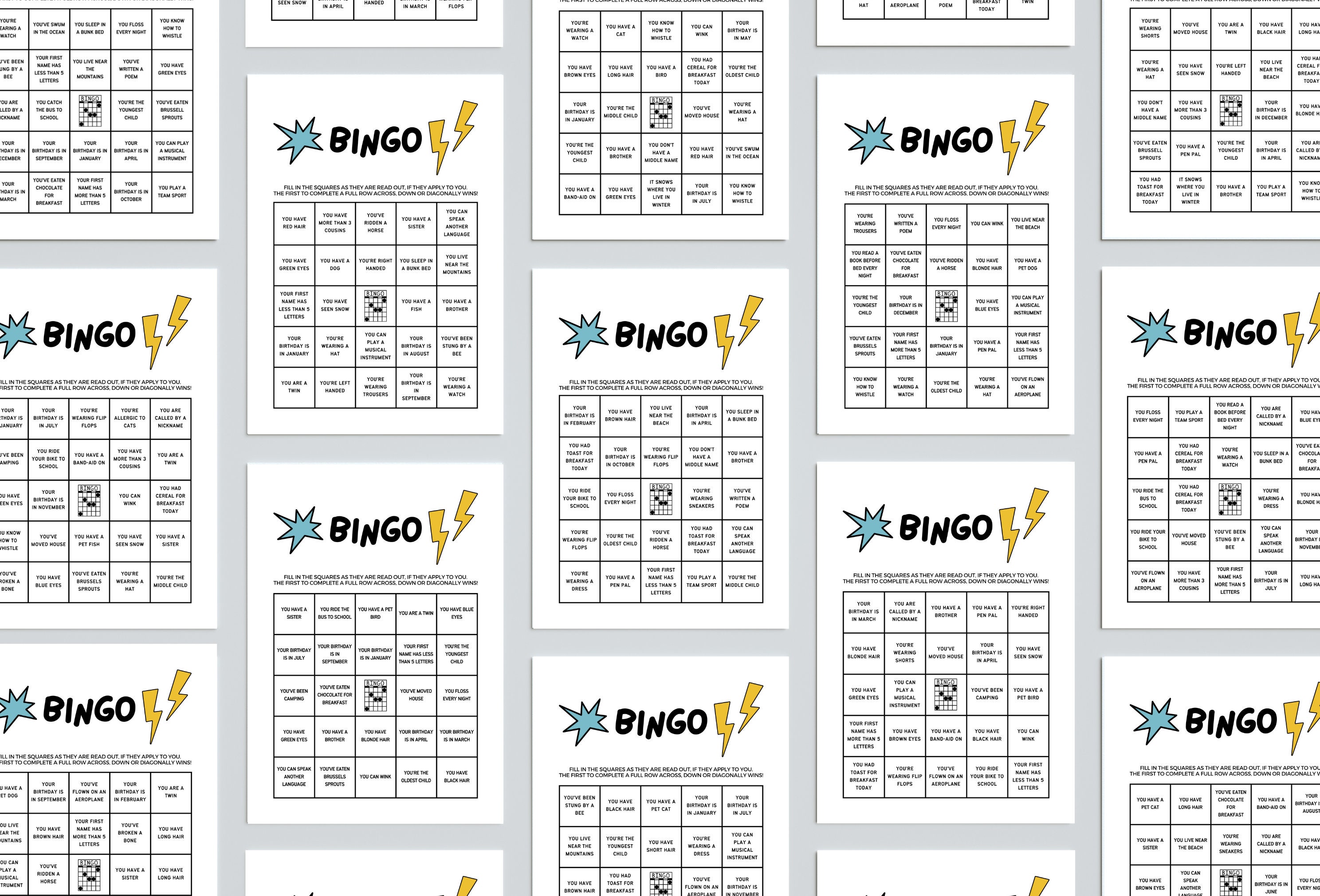 50 Kids Bingo Game Cards, Printable, Rainy Day Kids Games, Icebreaker ...