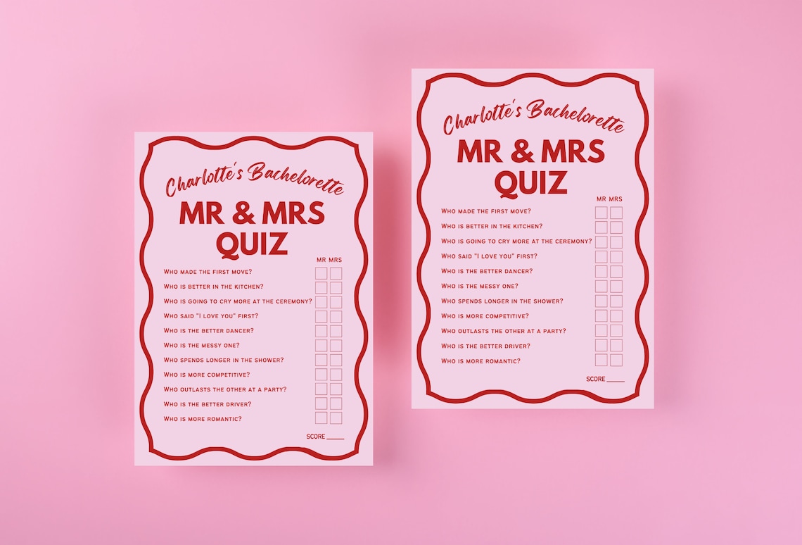Mr and Mrs Quiz Game: Pink & Red Bachelorette Party (edit With Canva ...