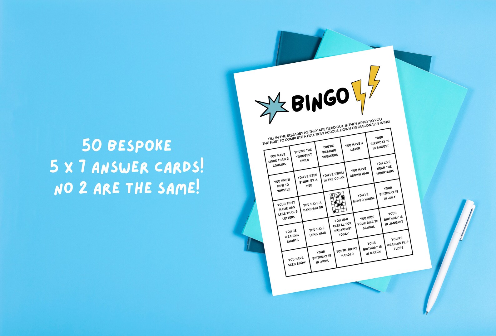 50 Kids Bingo Game Cards, Printable, Rainy Day Kids Games, Icebreaker ...