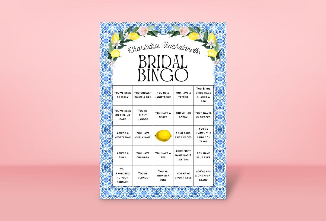 50 Bachelorette Bingo Game Cards, Hens Party Games, Mediterranean Blue Tile & Lemon, Dirty Game ...