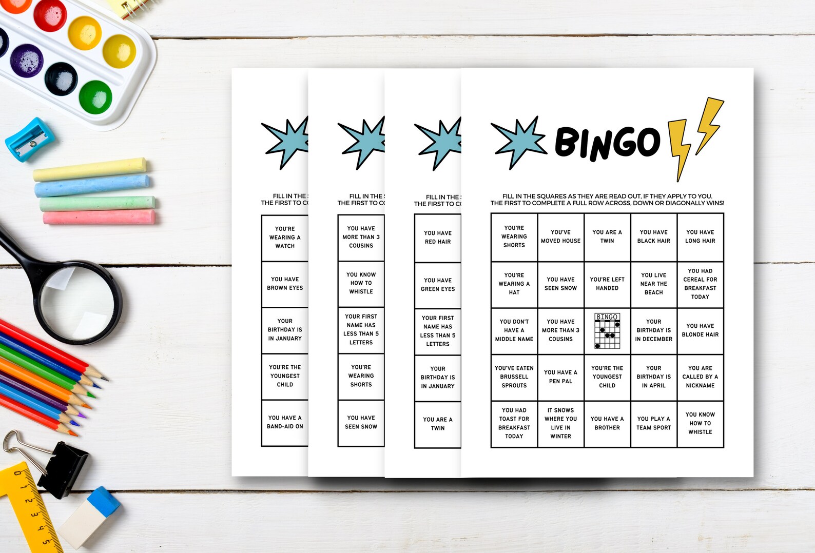 50 Kids Bingo Game Cards, Printable, Rainy Day Kids Games, Icebreaker ...