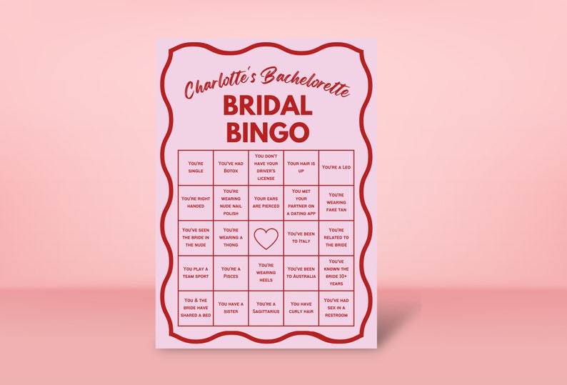 Bachelorette Bridal Bingo Game: Pink & Red, Dirty Edition (printable ...