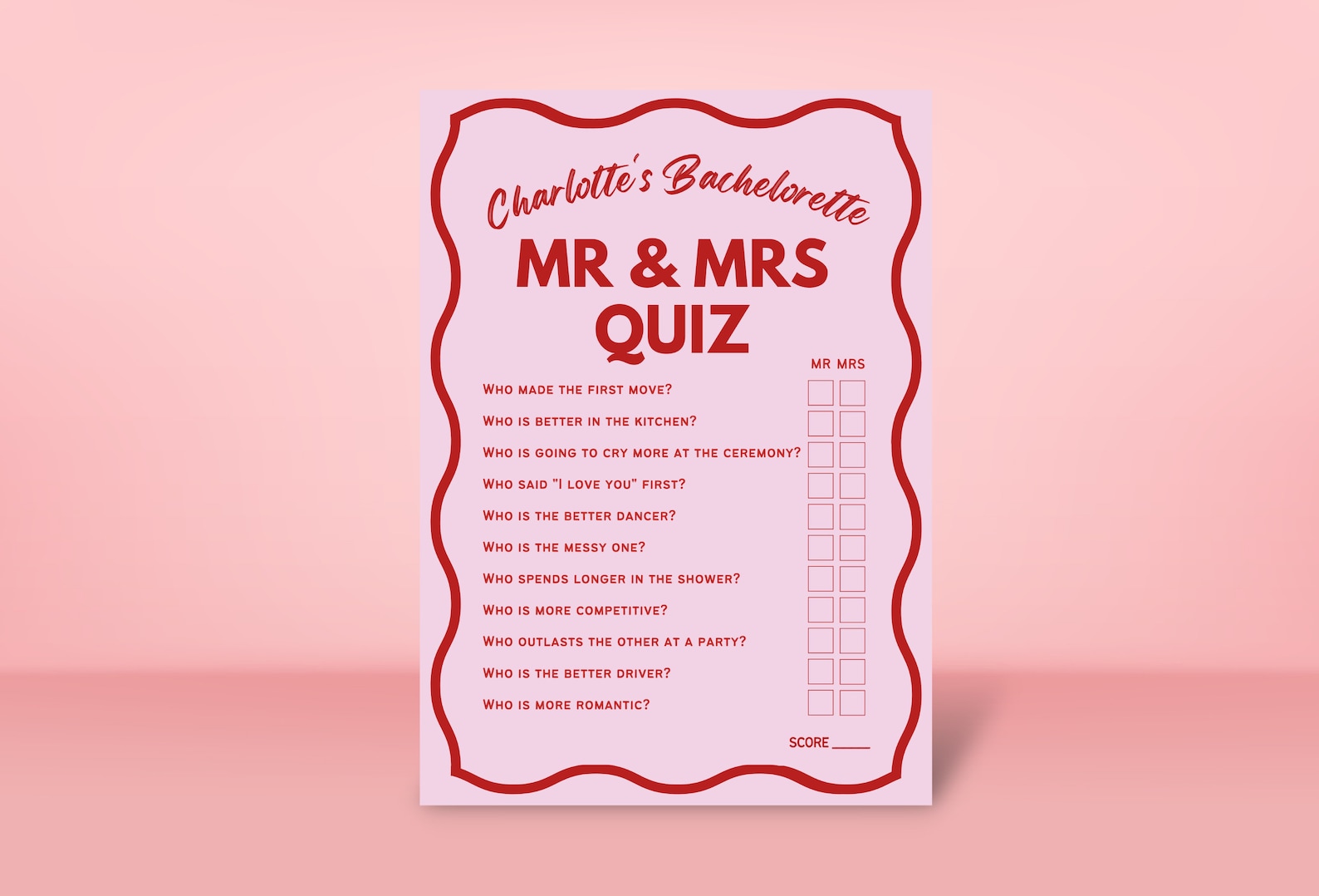 Mr and Mrs Quiz Game: Pink & Red Bachelorette Party (edit With Canva ...