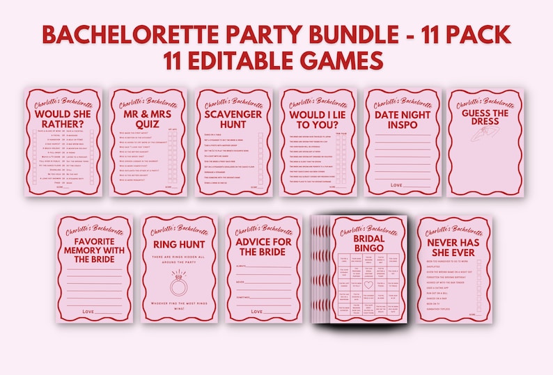 Bachelorette Party Games Bundle: Pink & Red, 11 Editable Games (digital ...