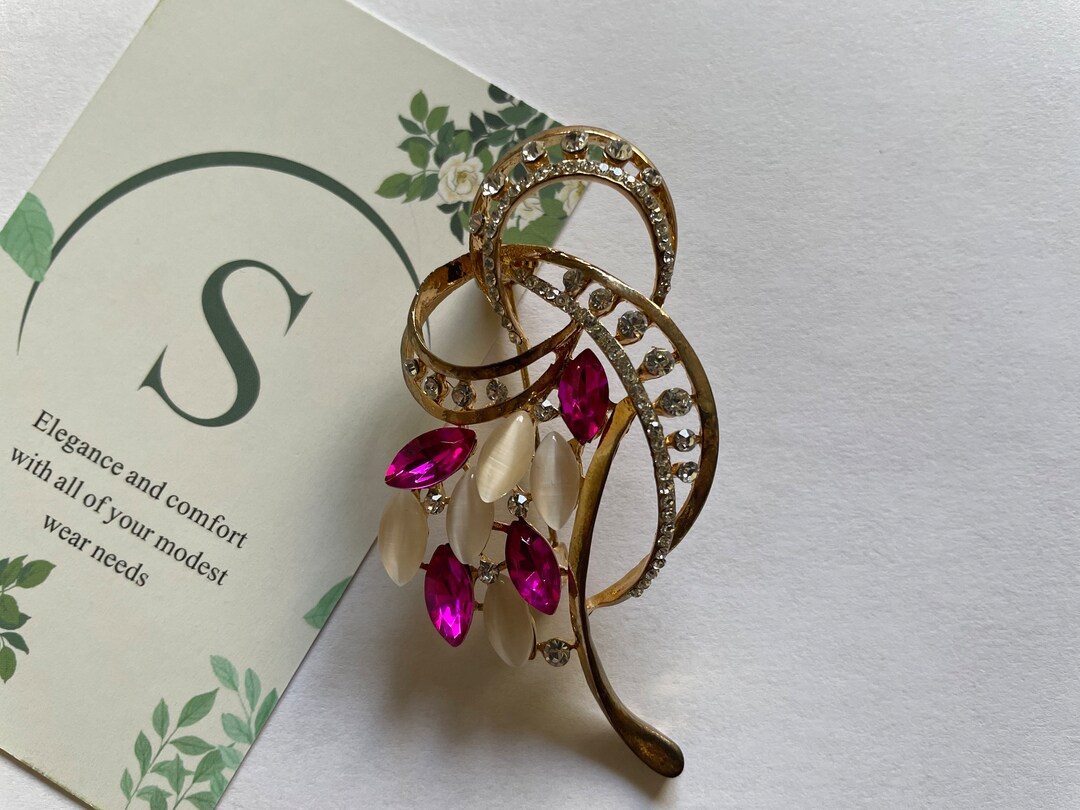 Golden Shiny Hijab Brooch, Stone and White Pink Leaf Designed With ...