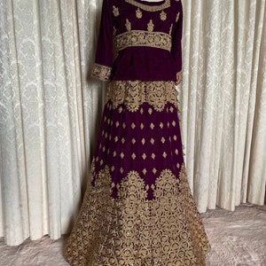 Indian Bridal Velvet Lehenga: Royal Purple Orange Dupatta, Gold ...