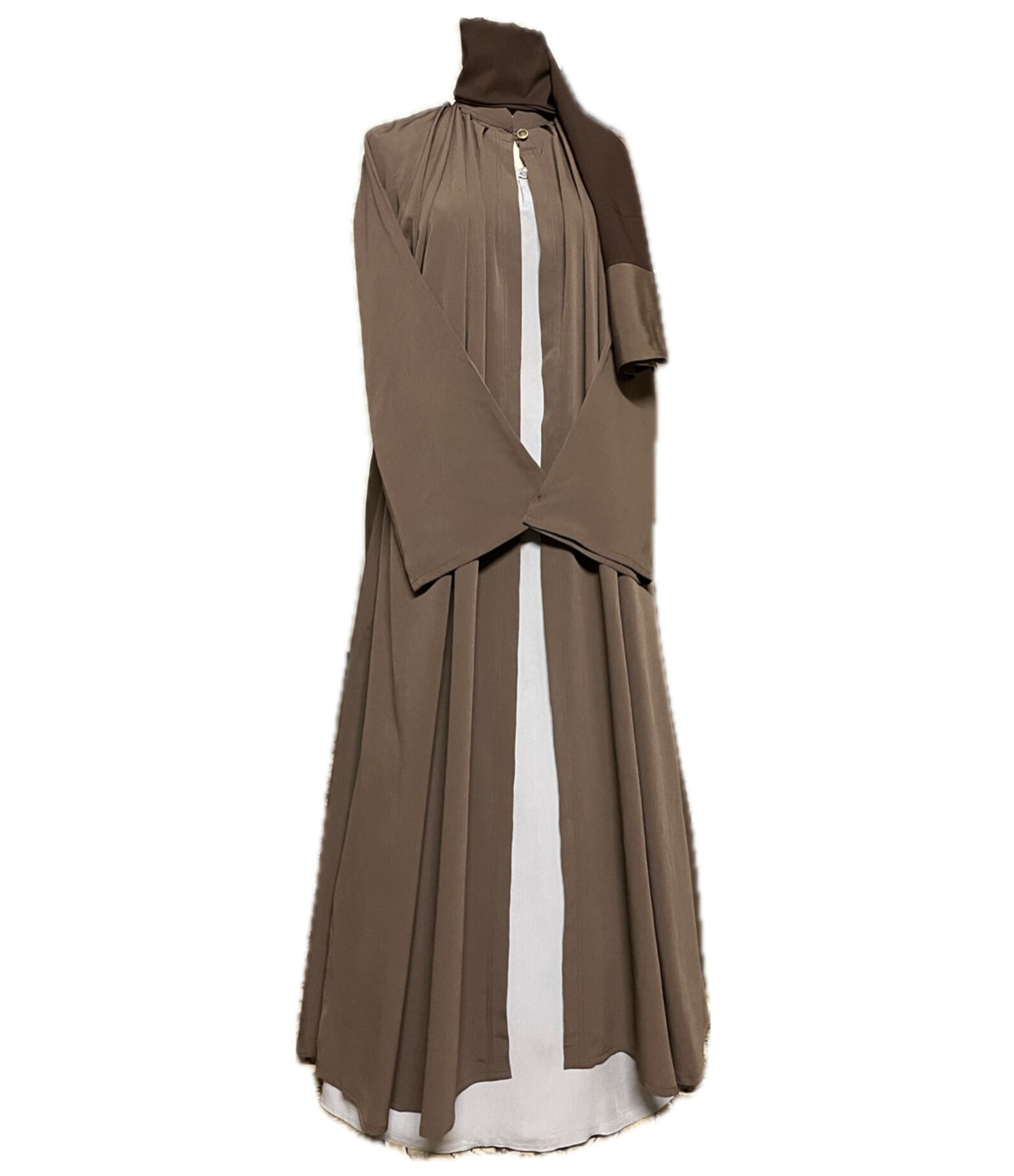 Chocolate Brown & Light Gray Dual Layer Abaya Set With Hijab, Chiffon ...