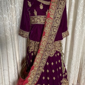 Indian Bridal Velvet Lehenga: Royal Purple Orange Dupatta, Gold ...