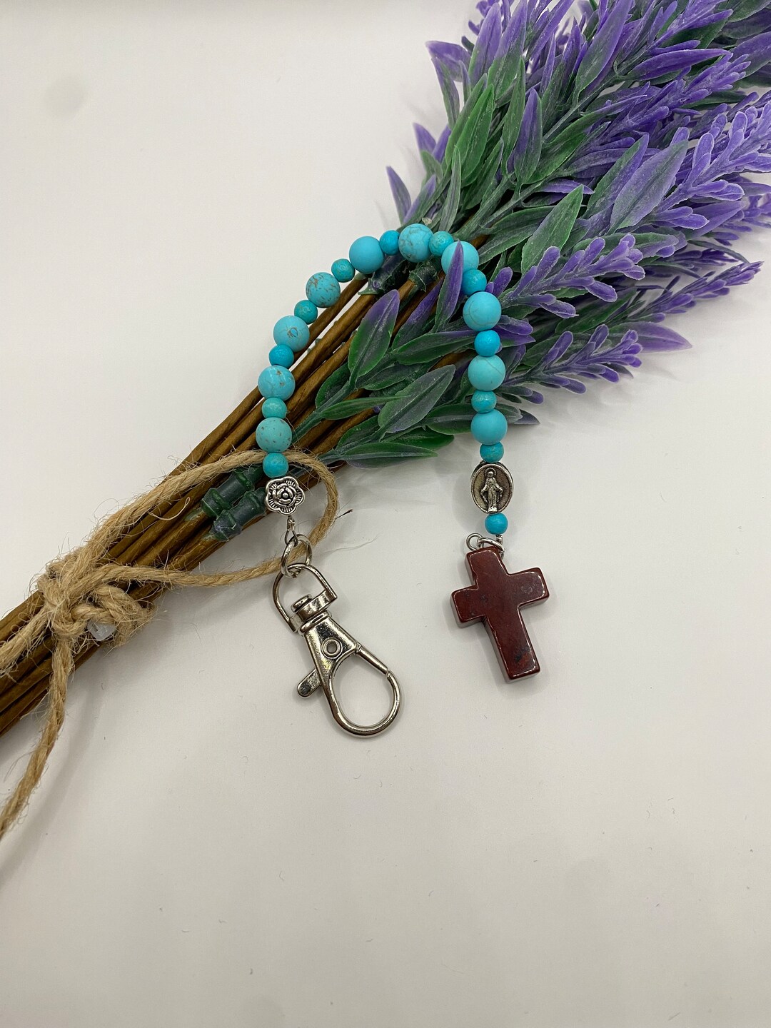 Manini (small) One Decade Miraculous Medal Rosary Keychain. Turquoise ...