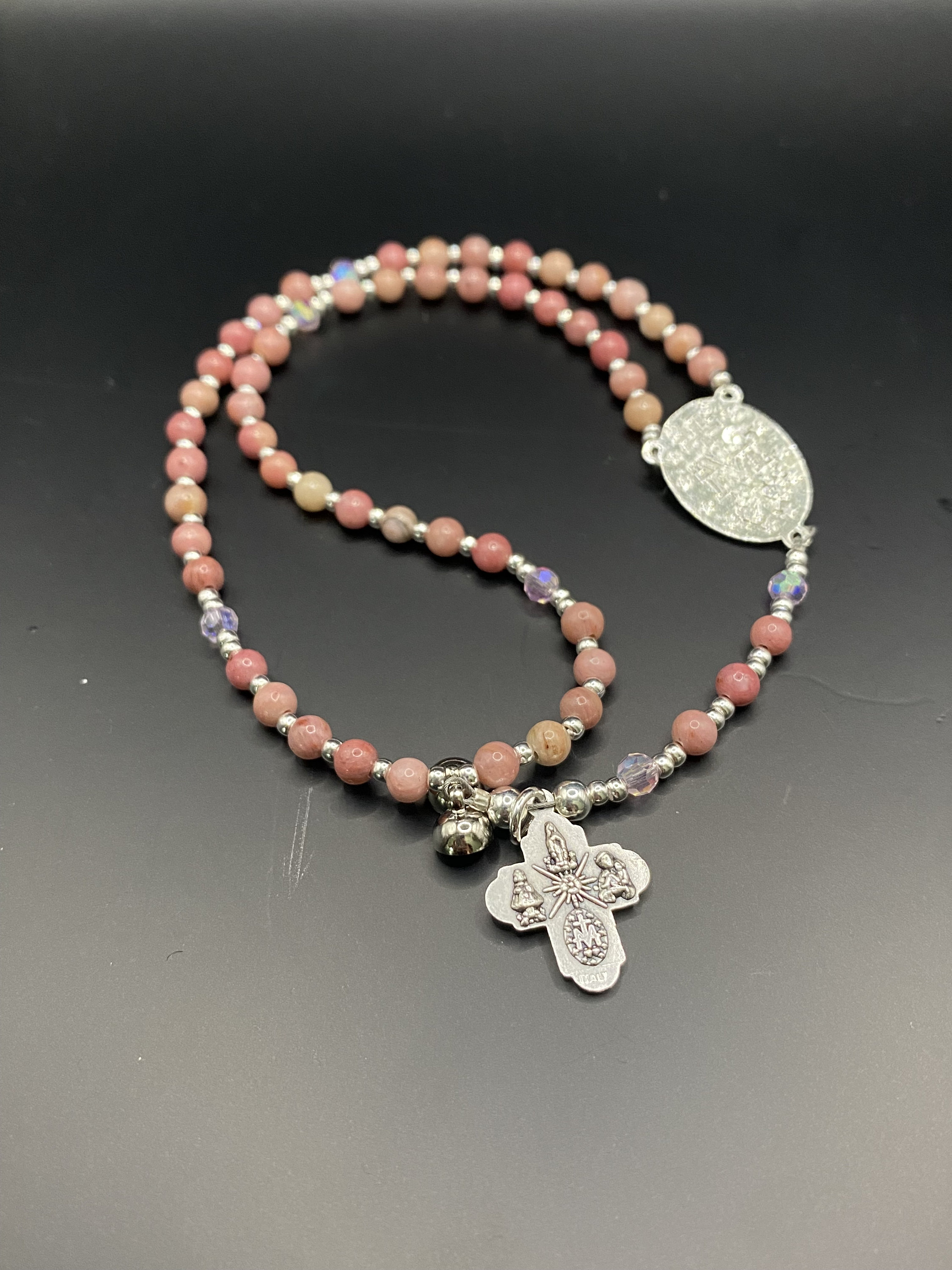 Manini (small) Miraculous Medal Full Decade Rosary. Pink Rhodonite ...