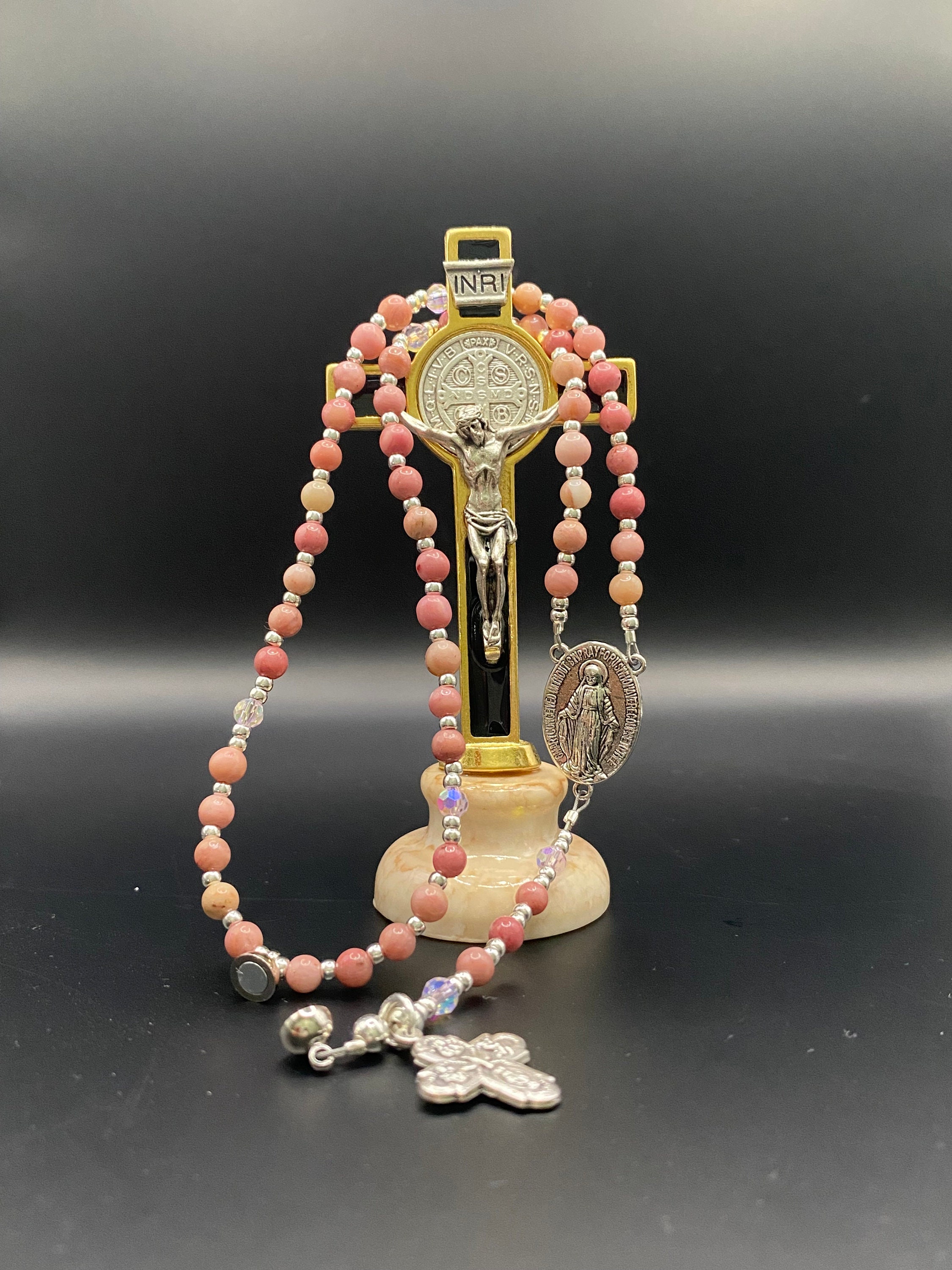 Manini (small) Miraculous Medal Full Decade Rosary. Pink Rhodonite ...