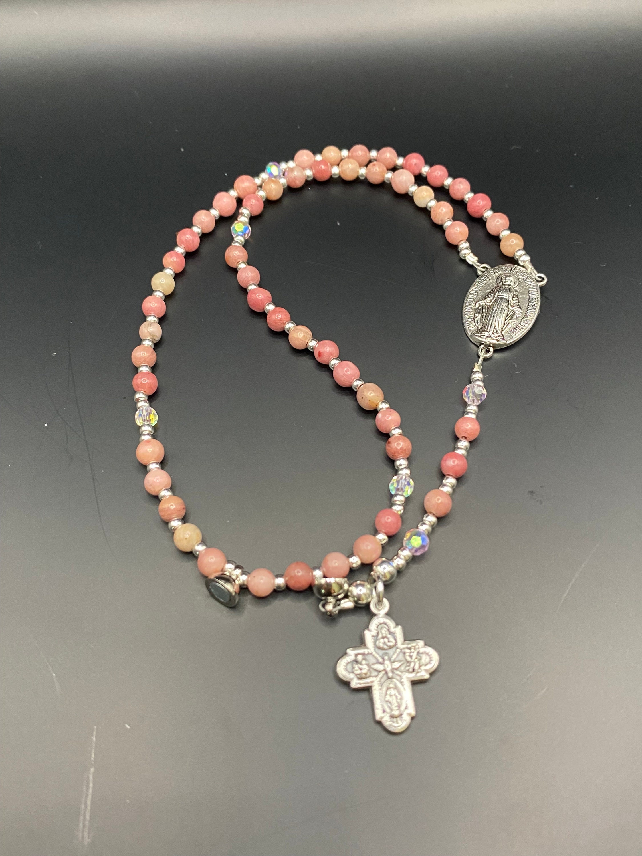 Manini (small) Miraculous Medal Full Decade Rosary. Pink Rhodonite ...
