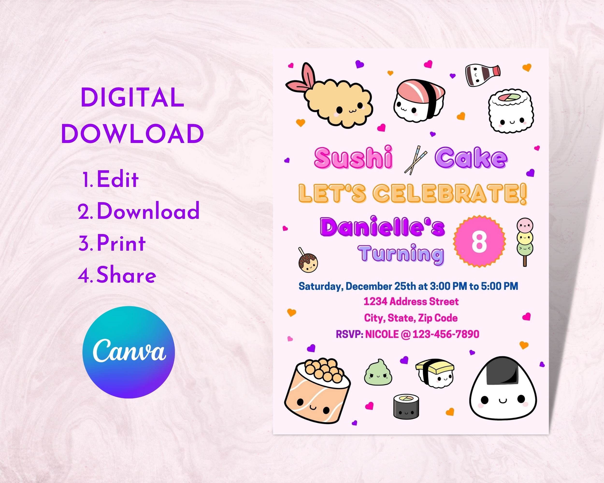 Editable Sushi Birthday Invitation Template, Sushi Invitation, Sushi ...