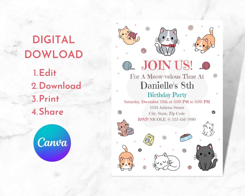 Editable Cat Birthday Invitation Template, Cat Invitation, Cat Party ...