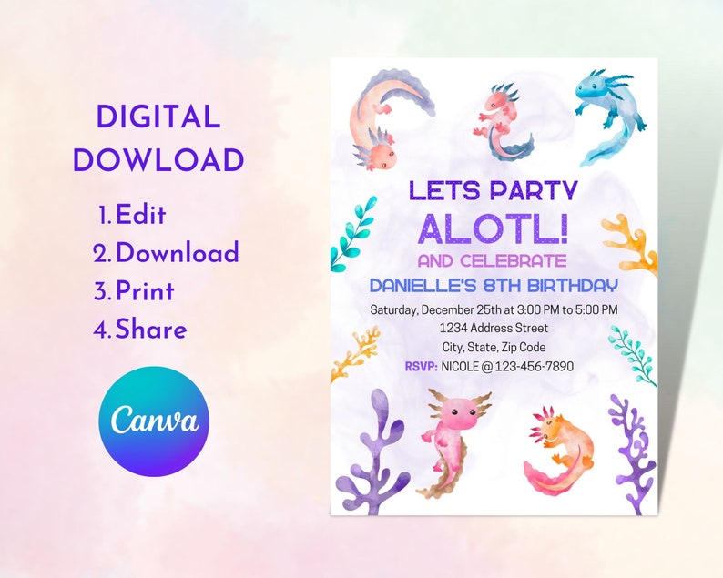 Editable Axolotl Birthday Invitation Template, Axolotl Invitation ...