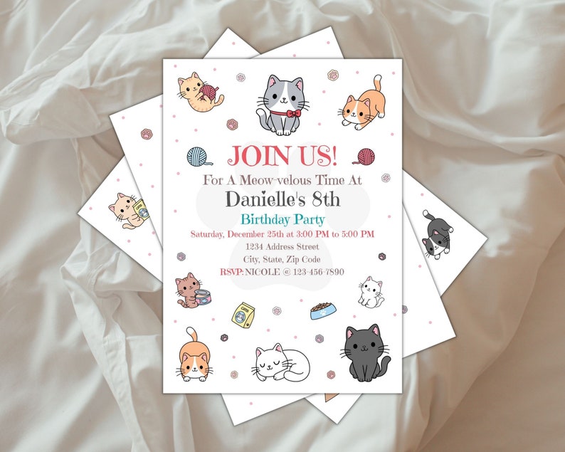 Editable Cat Birthday Invitation Template, Cat Invitation, Cat Party ...