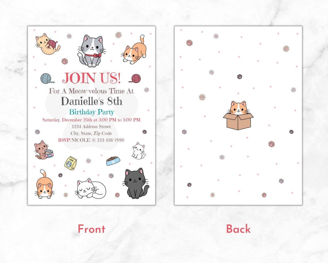 Editable Cat Birthday Invitation Template, Cat Invitation, Cat Party ...