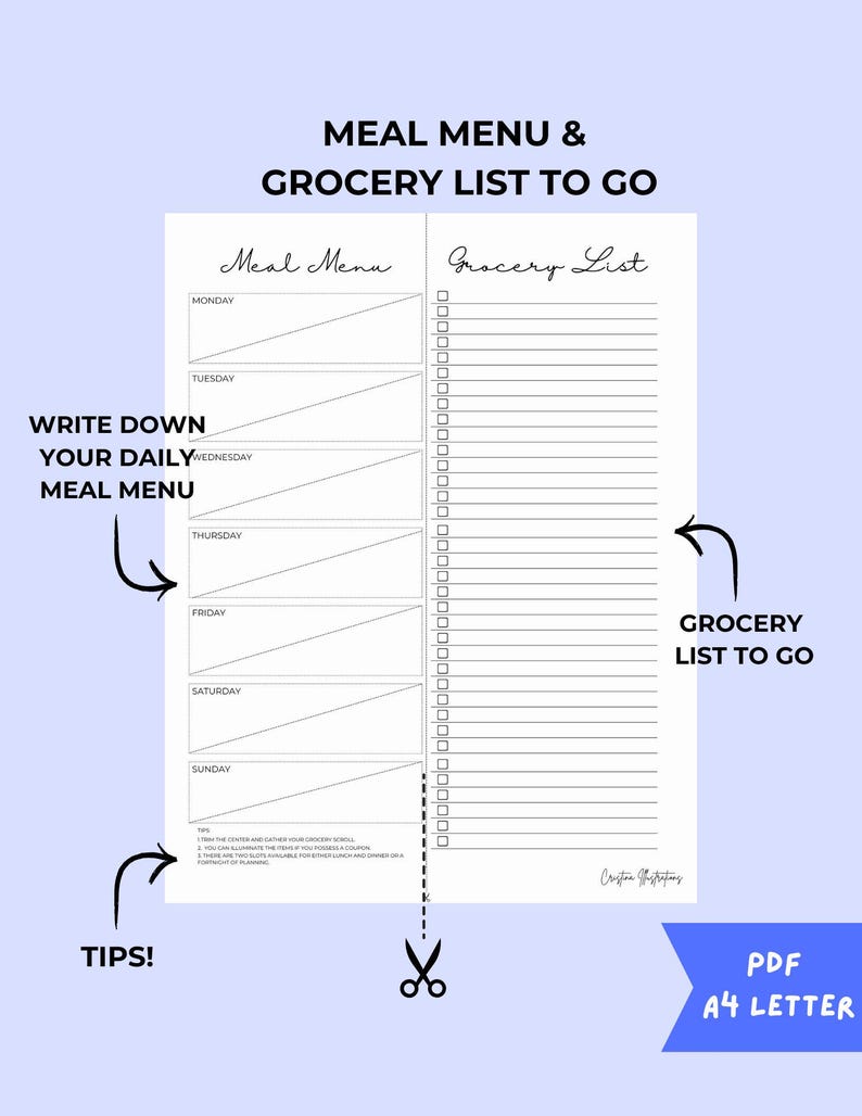 Meal Menu and Grocery List Printable PDF A4, Weekly Meal Planner ...
