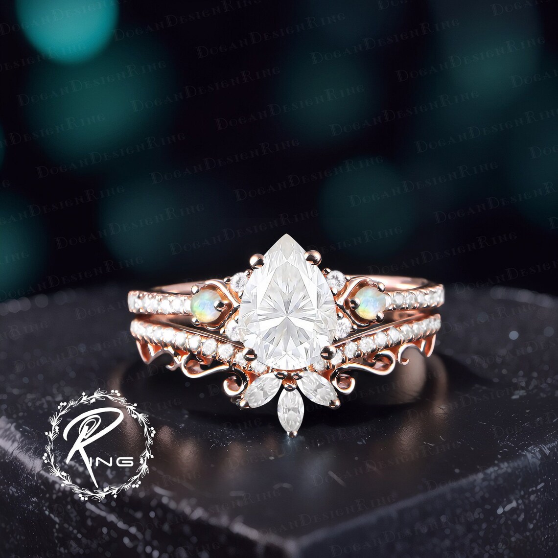 Unique Pear Cut Moissanite Engagement Ring Set Vintage Solid 14k Rose ...