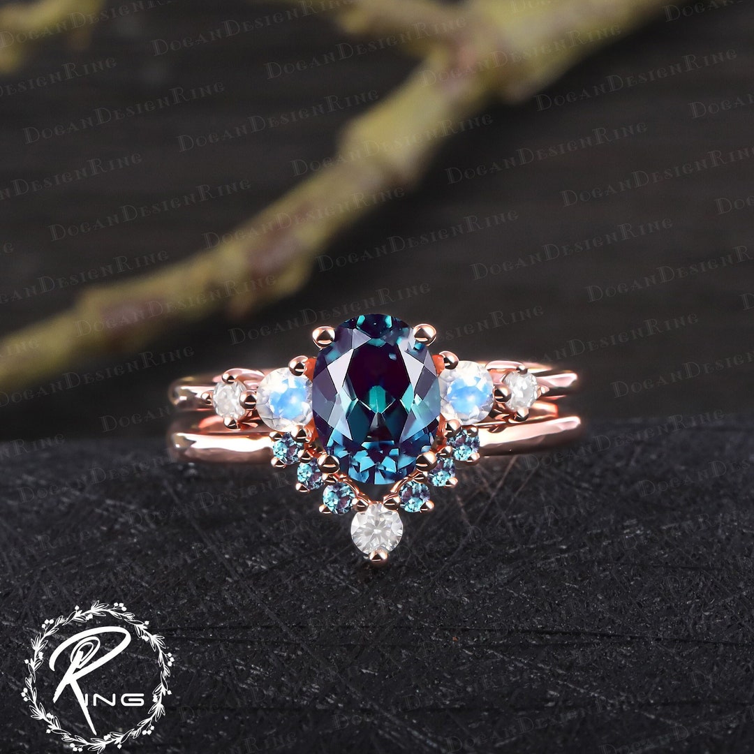 Unique Oval Cut Alexandrite Engagement Ring Sets Art Deco Promise Ring ...