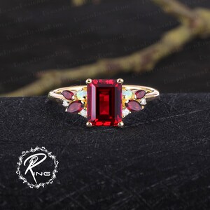 Vintage Emerald Cut Ruby Engagement Ring Unique Art Deco Promise Ring Solid 14k 18k Rose Gold ...