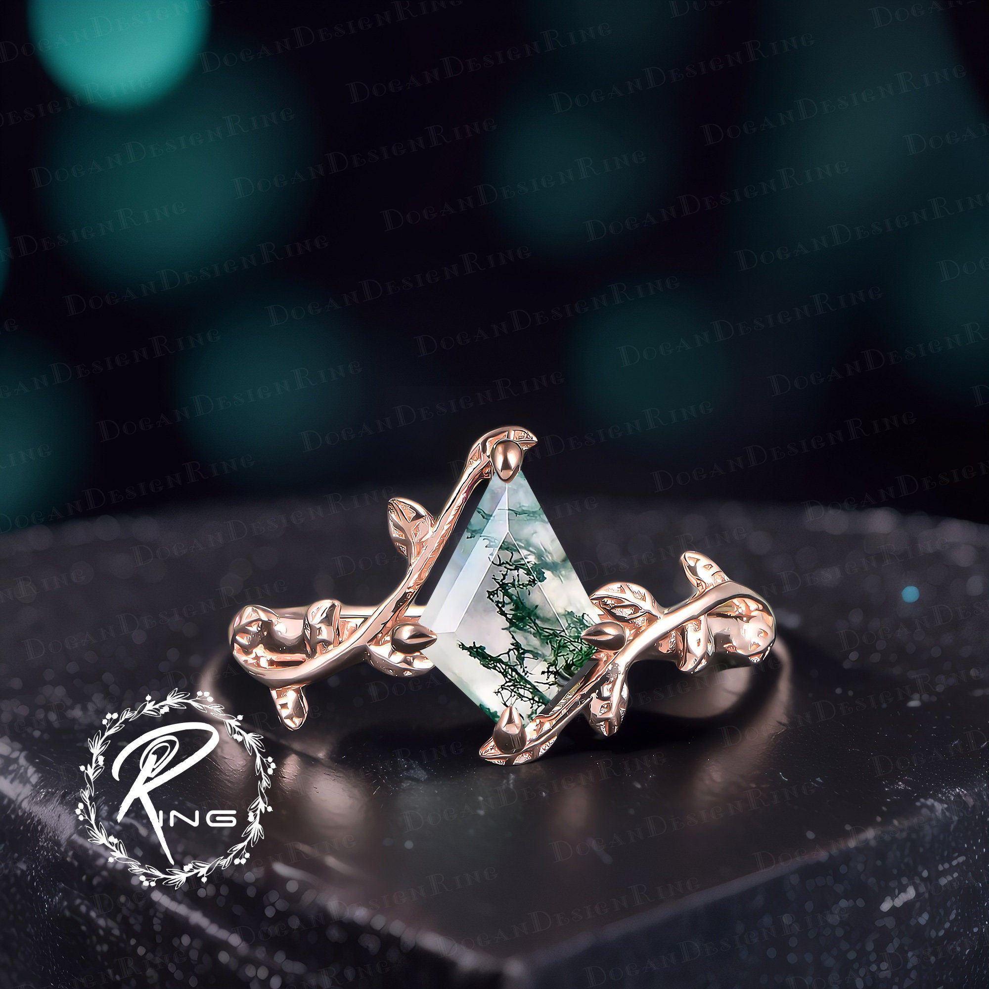 Kit Cut Moss Agate Engagement Ring Solid 14K Rose Gold Promise Ring for ...