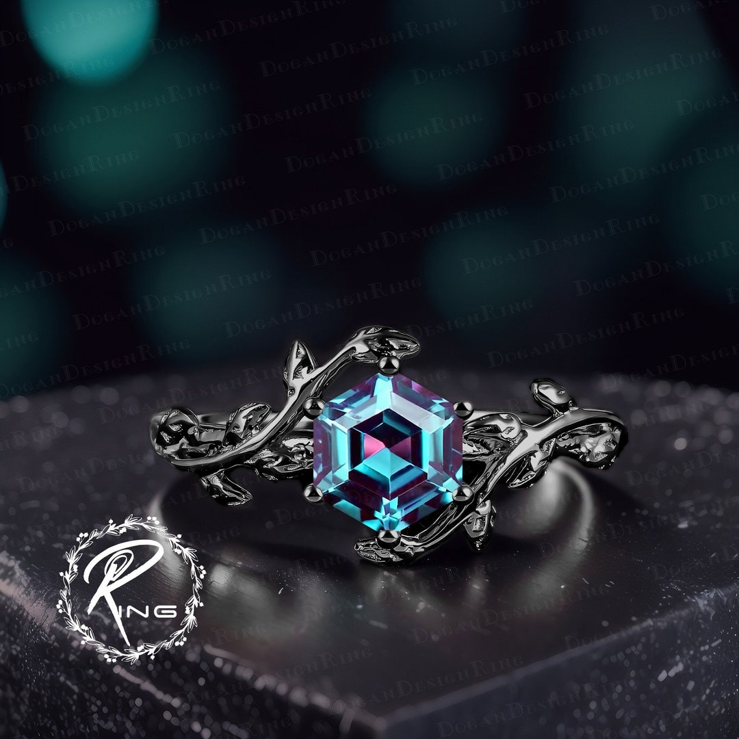 Gothic Hexagon Cut Alexandrite Engagement Ring Art Deco Leaf and Vine ...