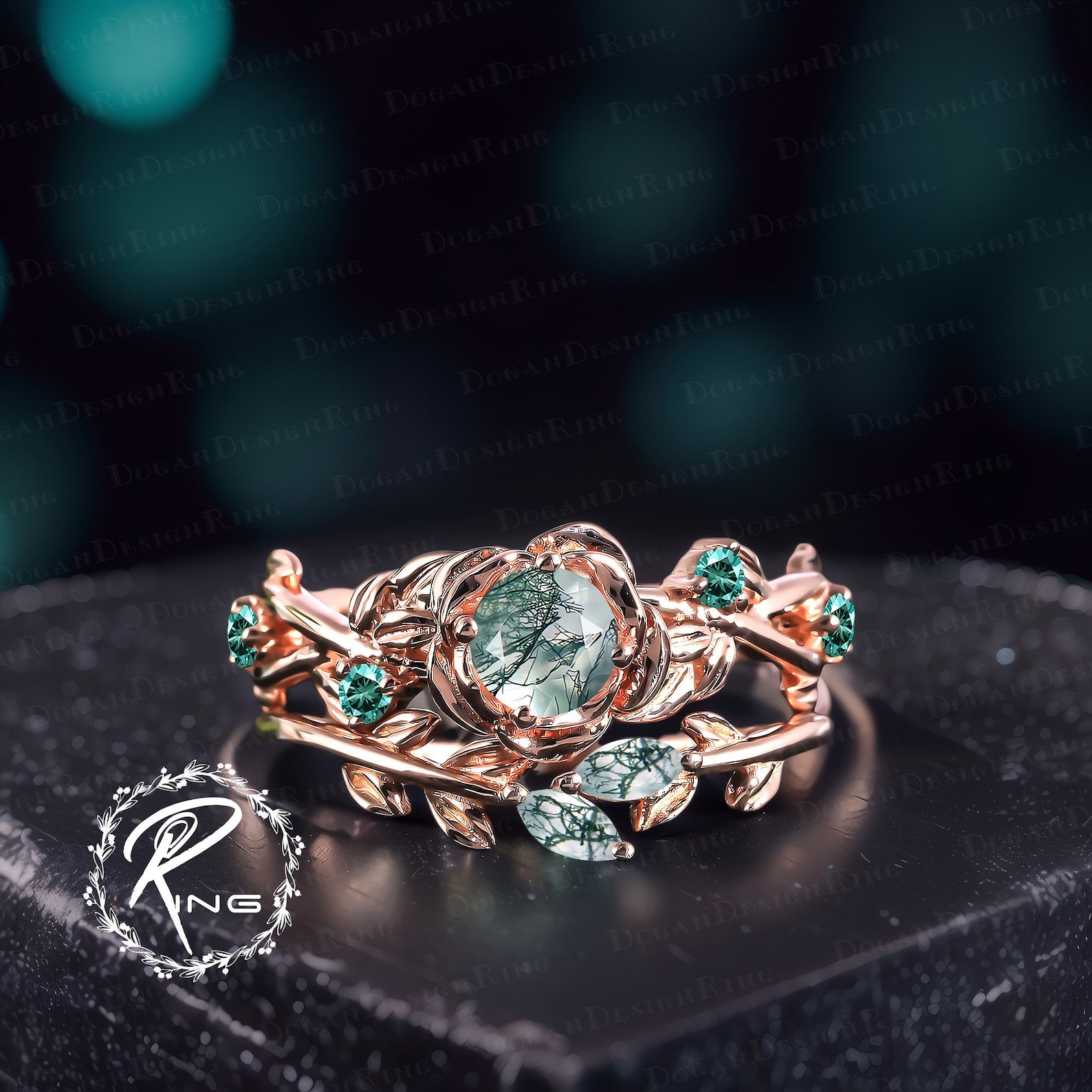 Vintage Moss Agate Engagement Ring Sets Nature Inspired Rose Flower ...