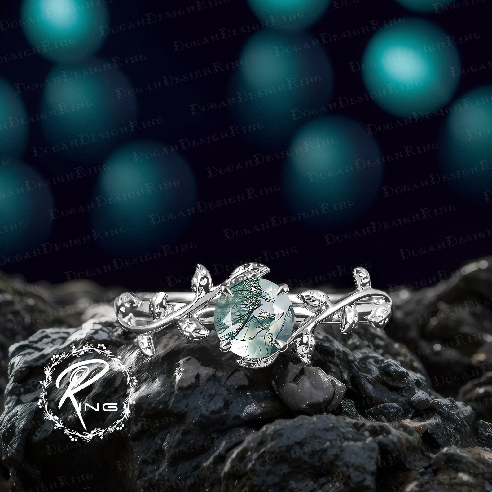 6.0 Mm Moss Agate Engagement Ring Leaf and Vine Engagement Ring White ...