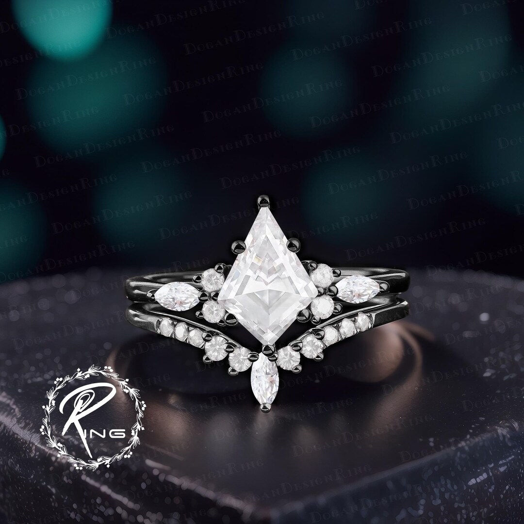 Gothic Kite Cut Moissanite Engagement Ring Set Unique 14K Black Gold ...