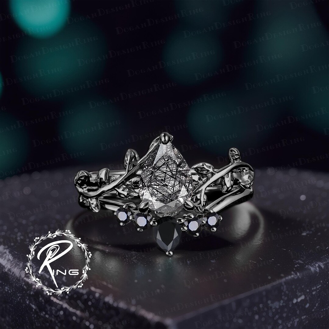 Gothic Pear Cut Black Rutilated Quartz Engagement Ring Set Unique 14K ...
