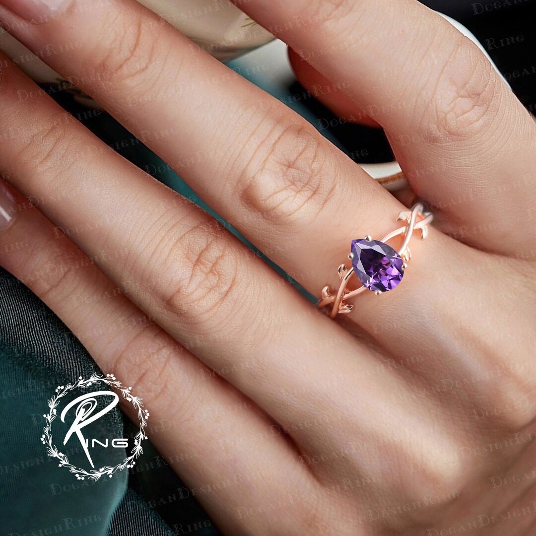 Pear Shaped Amethyst Engagement Ring 14k Solid Rose Gold Promise Ring ...