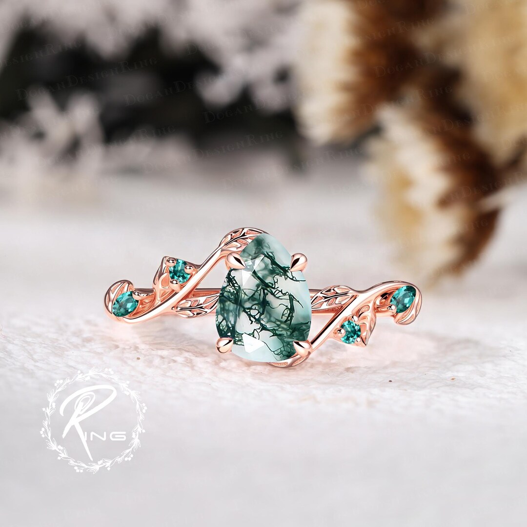 Vintage Pear Shaped Moss Agate Engagement Ring Unique Nature Inspired ...