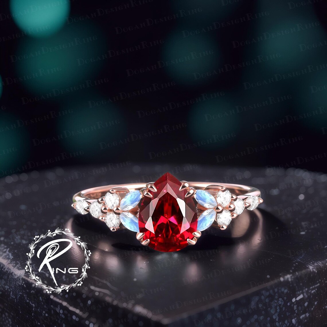 Vintage Pear Cut Red Ruby Engagement Ring Unique Solid 14K 18K Rose ...