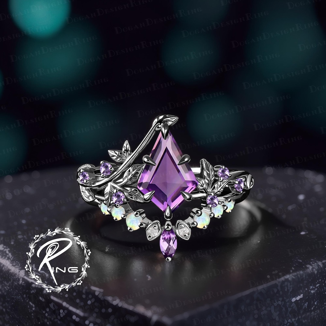 Gothic Kite Cut Amethyst Engagement Ring Set Unique 14K Black Gold ...