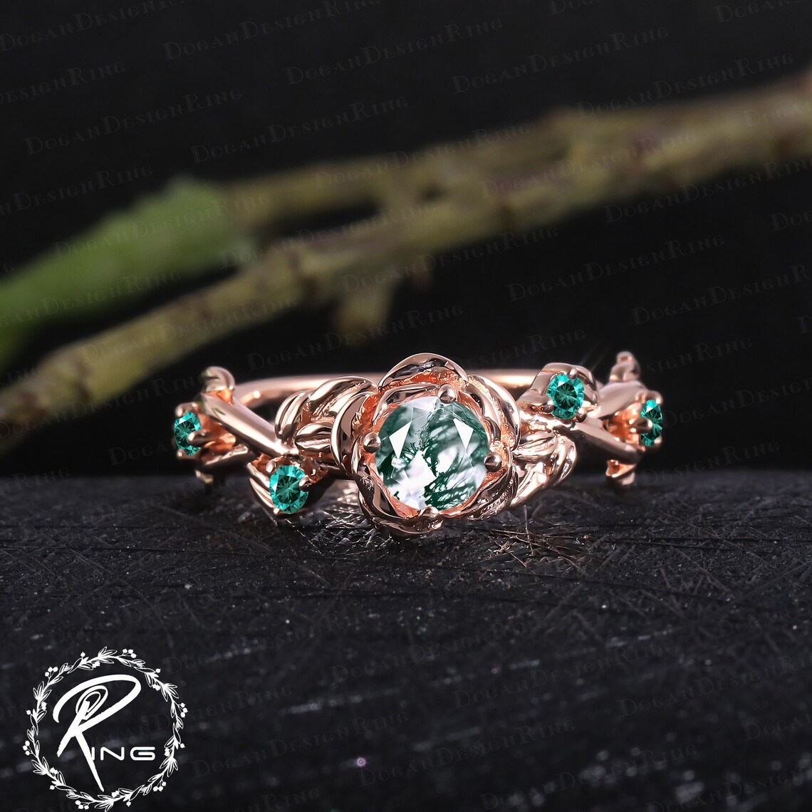 Vintage Moss Agate Engagement Ring Sets Nature Inspired Rose Flower ...