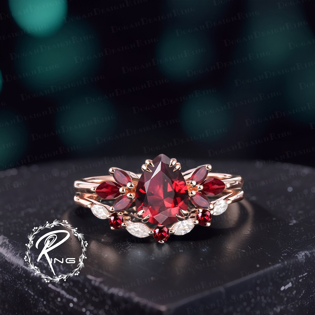 Unique Pear Shaped Ruby Engagement Ring Sets Vintage 14K Rose Gold ...