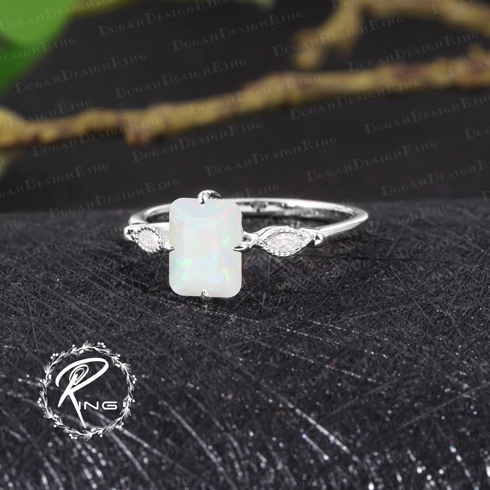Vintage Emerald Cut White Opal Engagement Ring Unique Solid 14k 18k ...