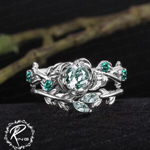 Vintage Moss Agate Engagement Ring Sets Nature Inspired Rose Flower ...