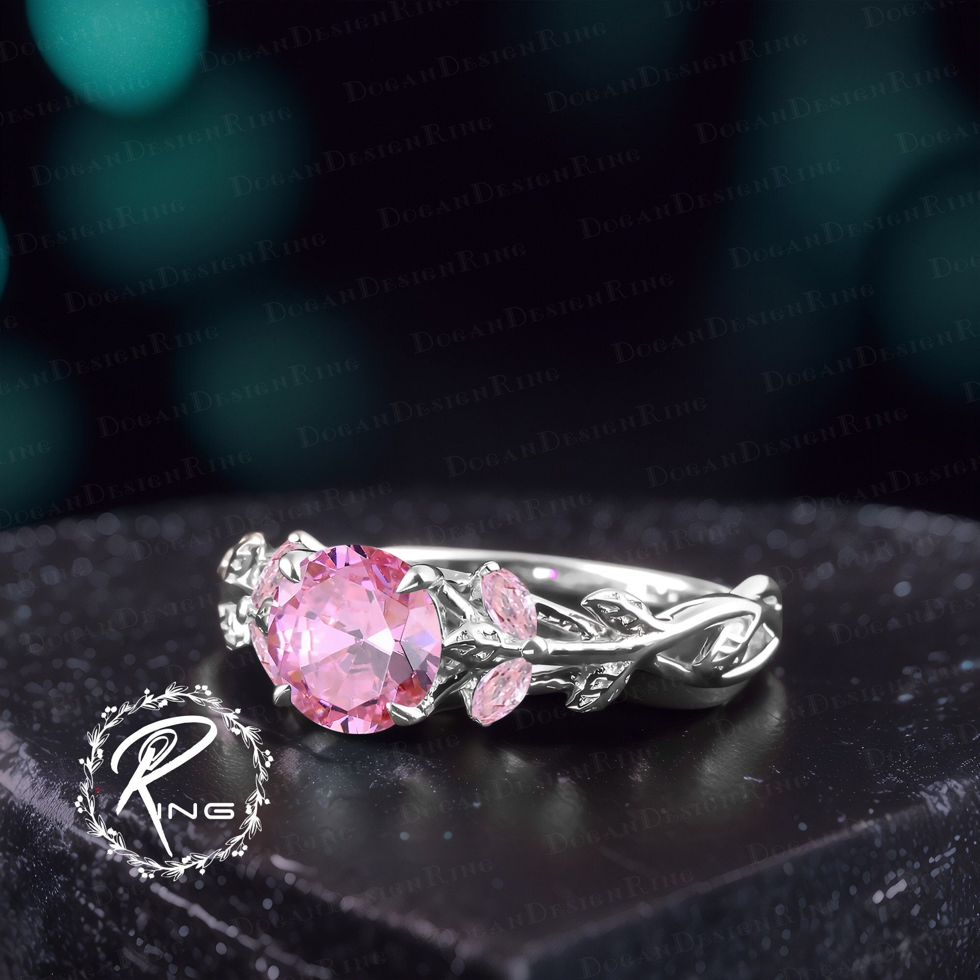 Unique pink sapphire engagement ring Art deco 14k white gold promise ring Nature inspired gemstone leaf ring Handmade jewelry gift for women Etsy