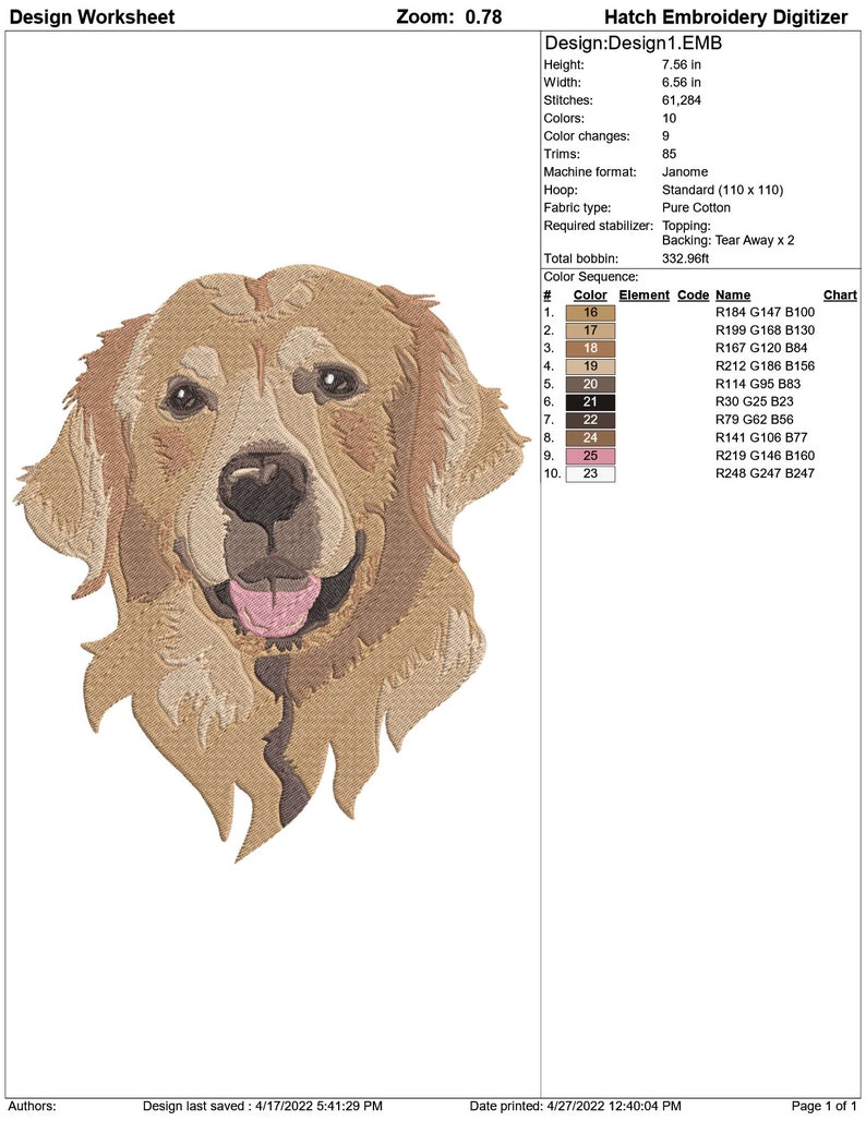 Golden Retriever Dog Embroidery Machine Design PES HUS DST Jef Exp Vp3 ...