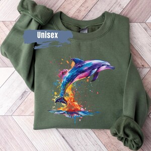 Dolphin Graphic Sweatshirt | Vibrant Watercolor Dolphin Sweatshirt ...