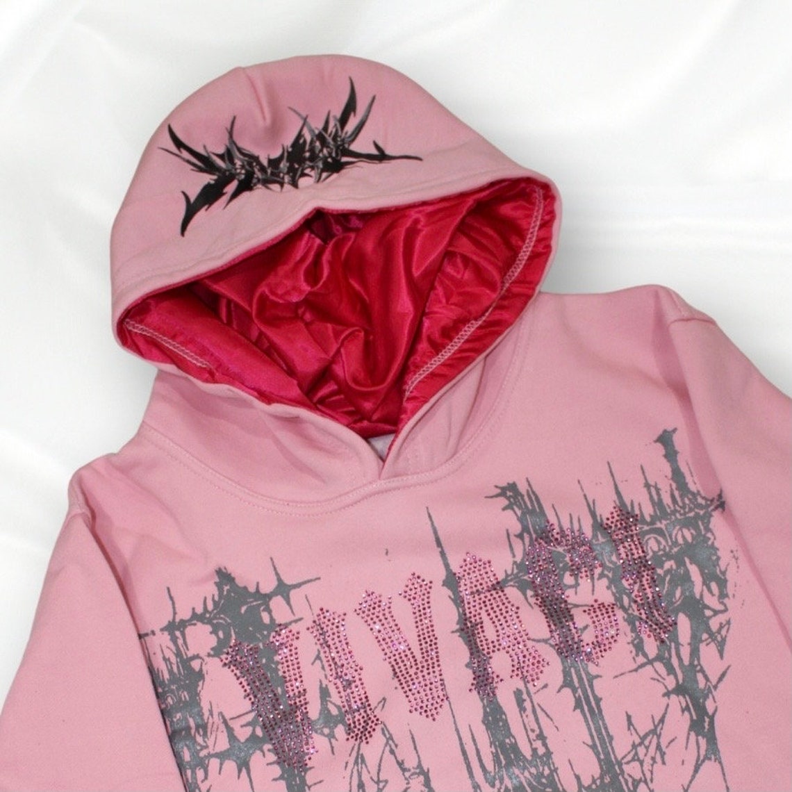Pink Rhinestone Satin Lined Hoodie Sweatshirt for Curly Hair and ...