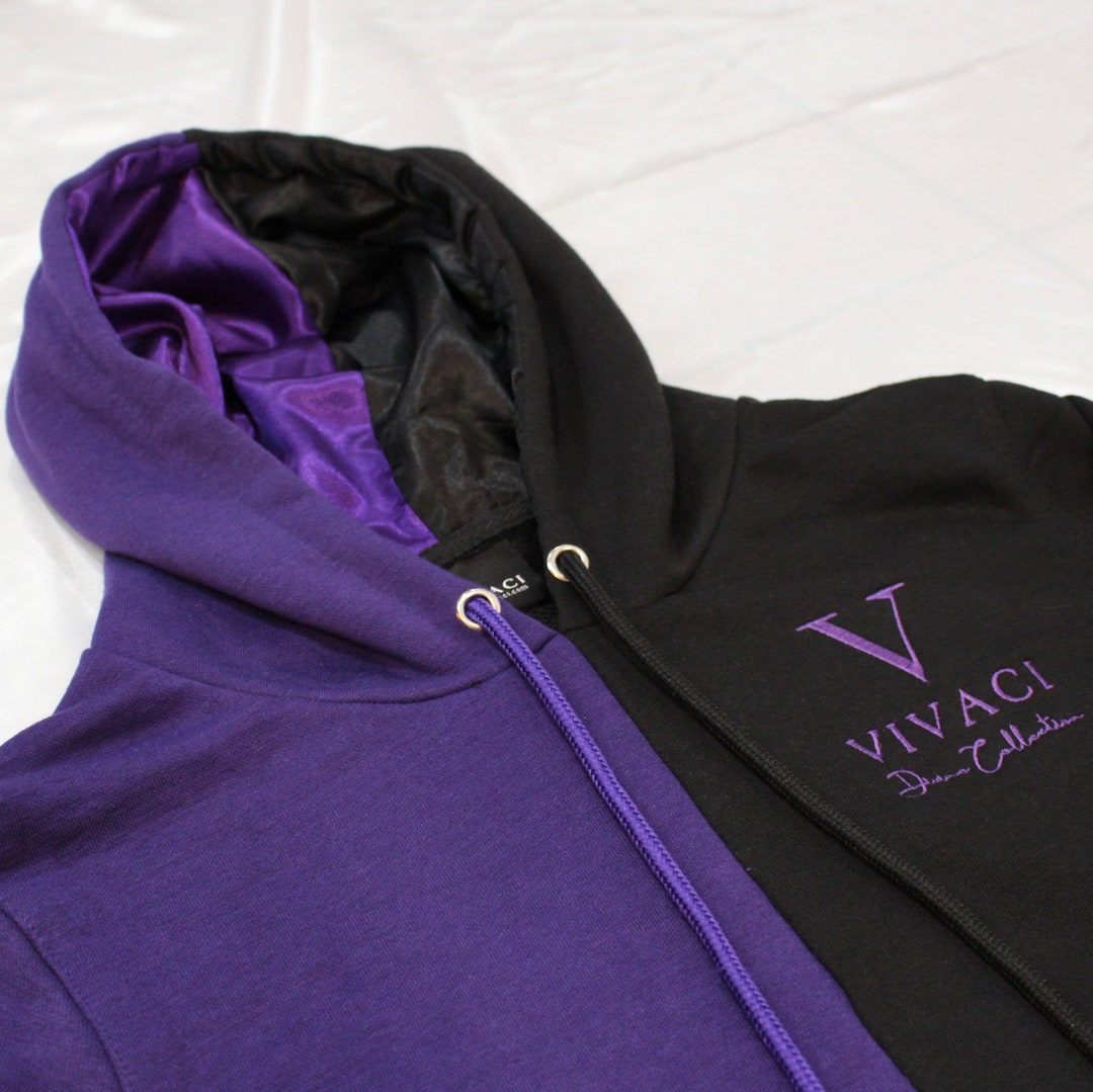Purple & Black Split Color Satin Lined Embroidered Hoodie for Curly ...