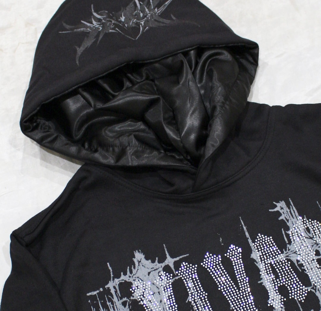 Black Rhinestone Satin Lined Hoodie Sweatshirt for Curly Hair and ...
