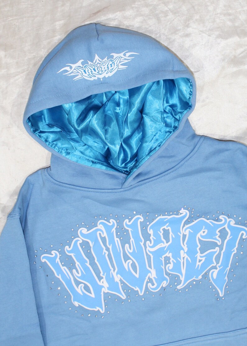Blue Puff Print & Rhinestone Satin Lined Hoodie for Curly Hair and ...